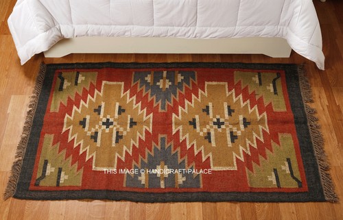 Indian Hand Woven Ikat Checked Multi Color 3x5 Feet Jute Wool Kilim ...