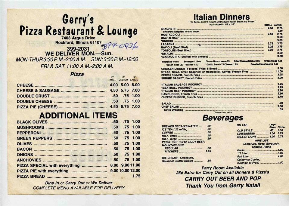 Gerry's Pizza Restaurant & Lounge Souvenir Menu Rockford Illinois | eBay