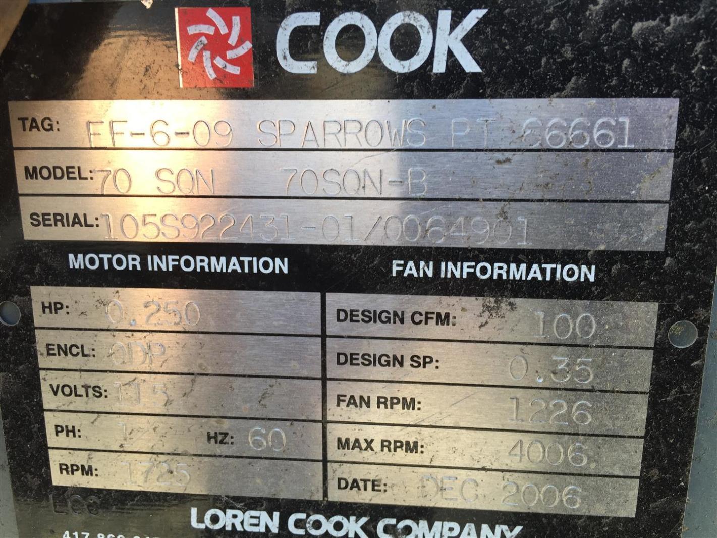 Loren Cook Square Inline Fan (Max Fan RPM: 4006) .25HP, 115v , 70 SQN-B ...