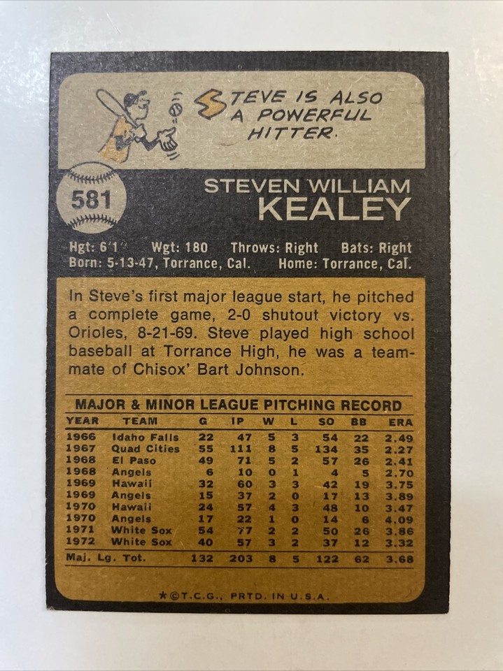 1973 Topps Steve Kealey Autographed Card #581 Chicago White Sox A-459 ...