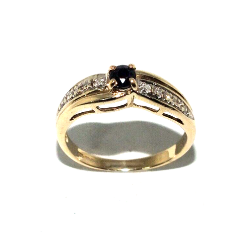 9K Yellow Gold Women's Ring With Sapphire And Diamonds, Size UK L | eBay