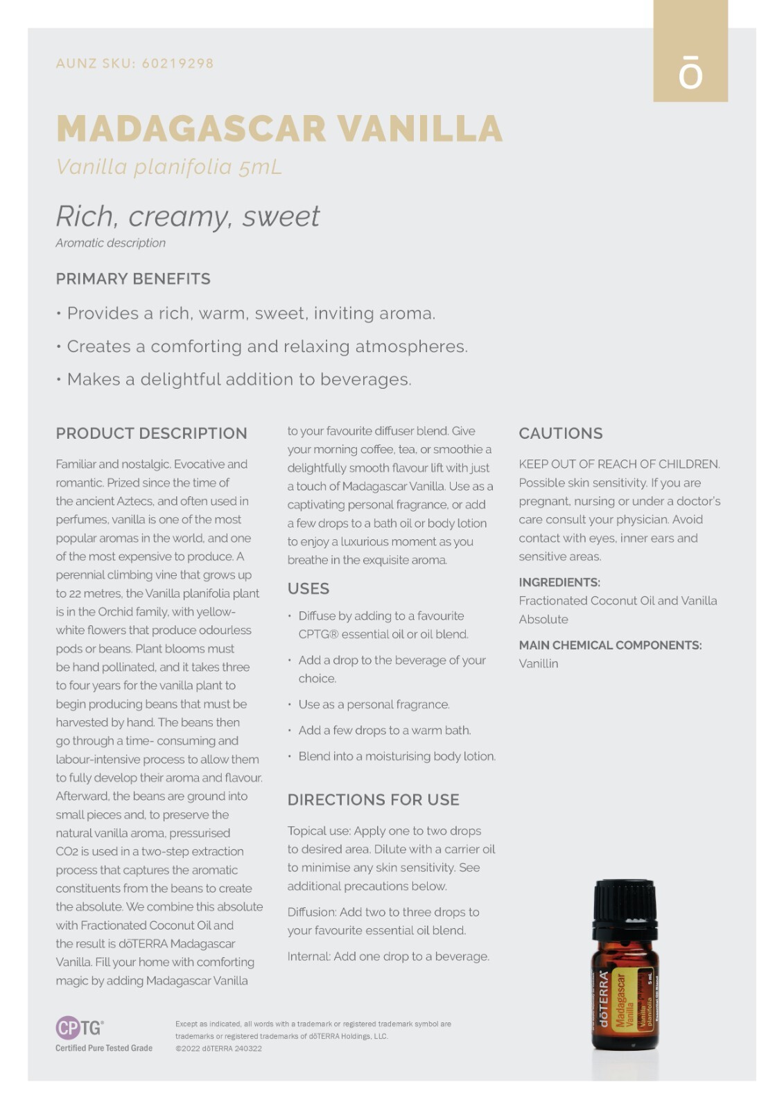 doTERRA Madagascar Vanilla Essential Oils 5ml 🌈 New Free Post Aroma ...