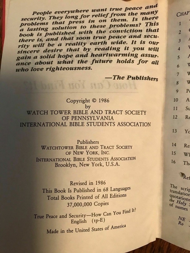 TRUE PEACE AND SECURITY 1986 WATCHTOWER SOCIETY OF PENNSYLVANIA ...