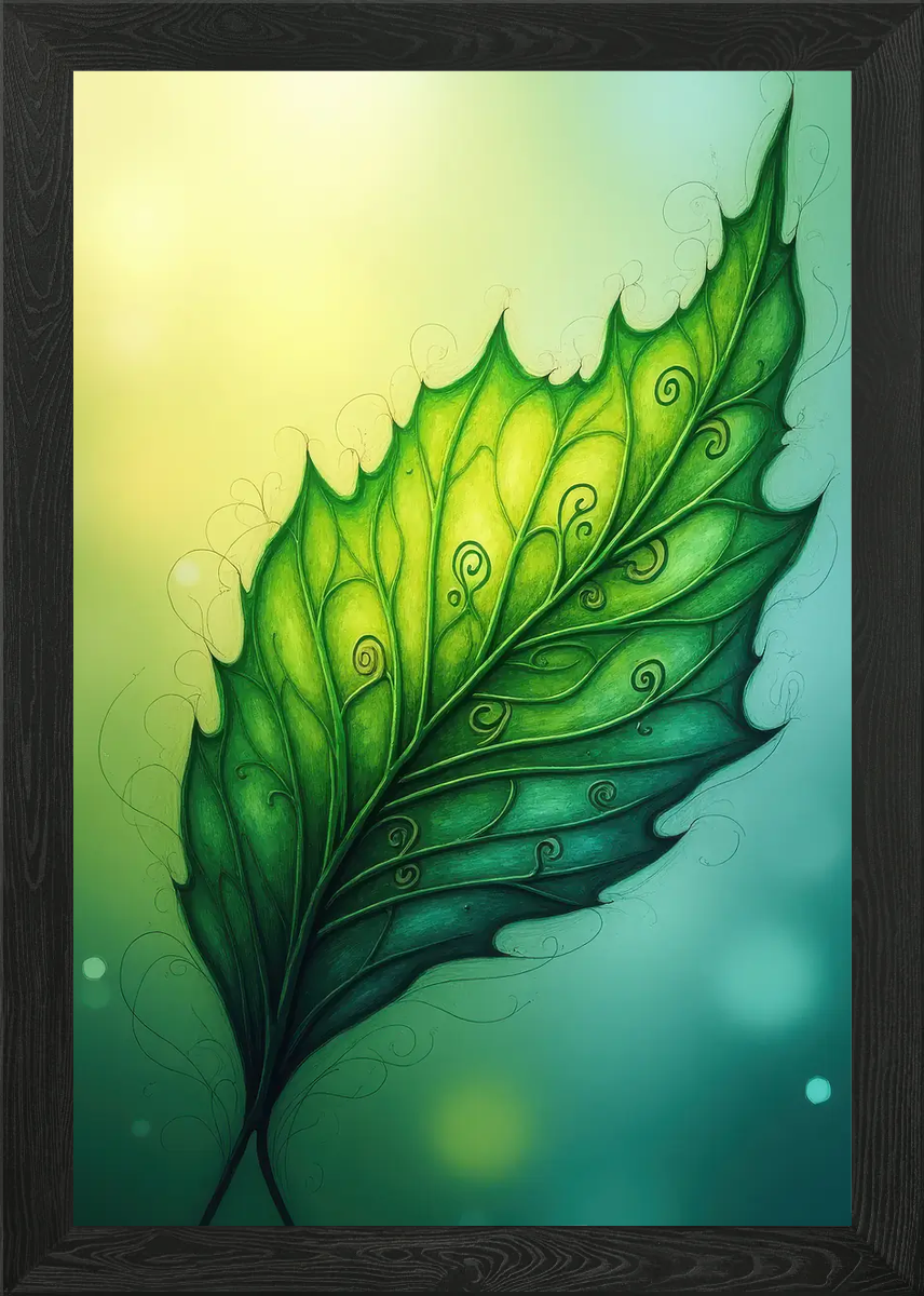 Detailed Green Leaf Illustration Framed Wall Art Poster Canvas Print ...