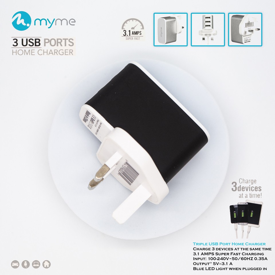 Home Charger Mains USB 3 Pin UK Wall Plug Adapter Charging for Phones ...