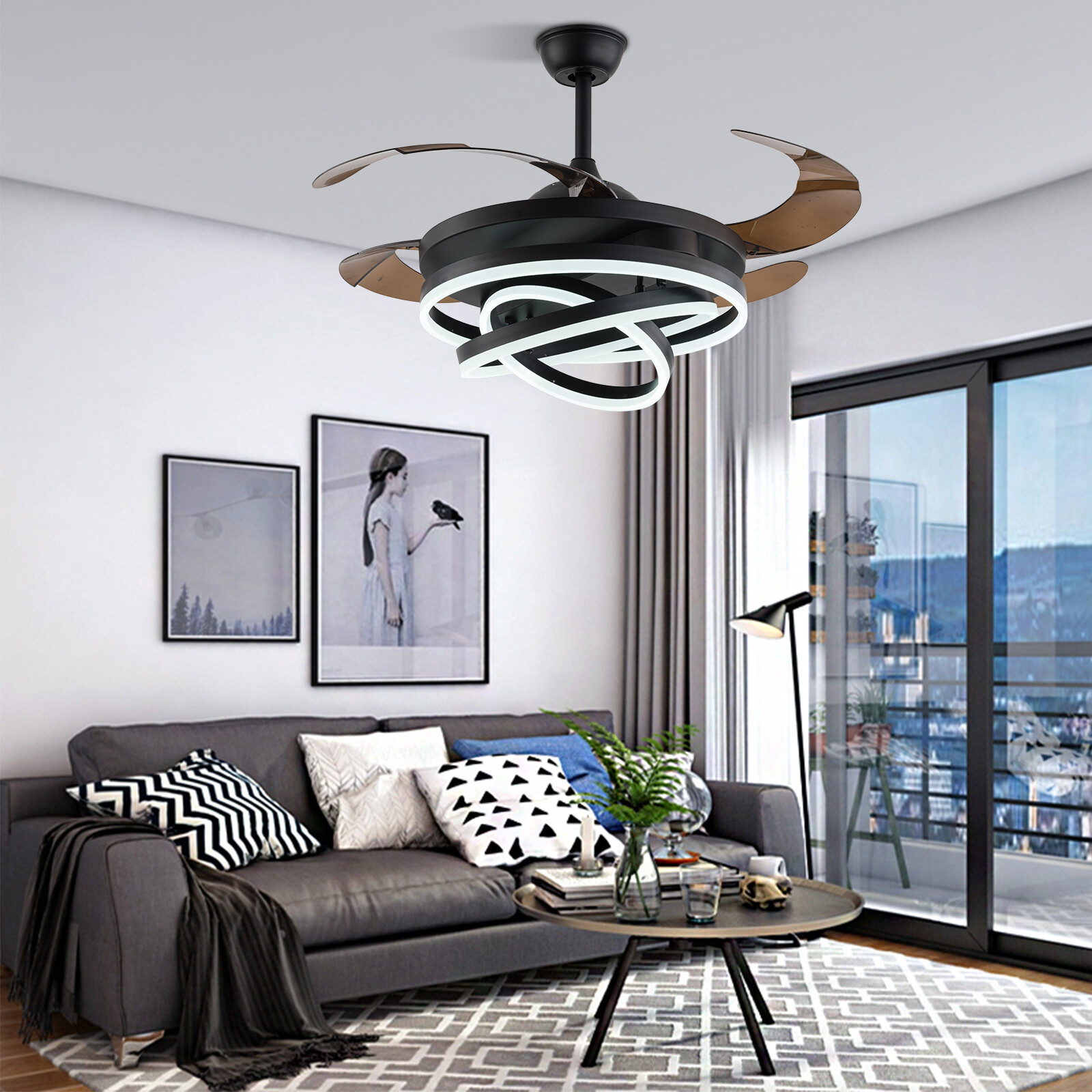 Modern Led Ceiling Fan 42 Retractable Blades Crystal Chandelier White ...