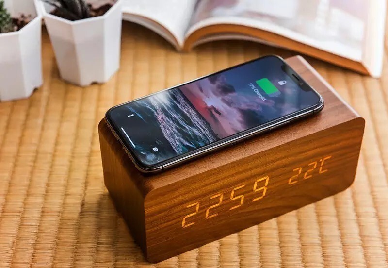 LED Wooden Digital Bedside Alarm Clock Qi Wireless Charging USB Battery ...