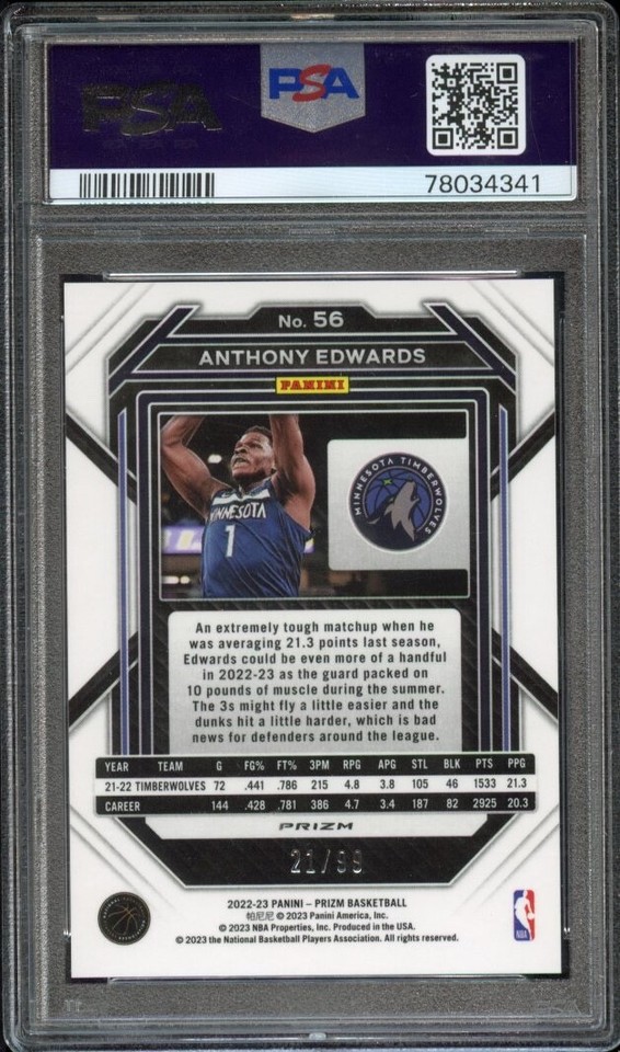 2022-23 Panini Purple Prizm #56 Anthony Edwards Timberwolves PSA 10 GEM ...