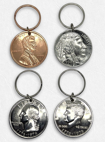 Lot of 4 Large 2" Metal United States Coins Key Rings/Keychains (1c/5c ...