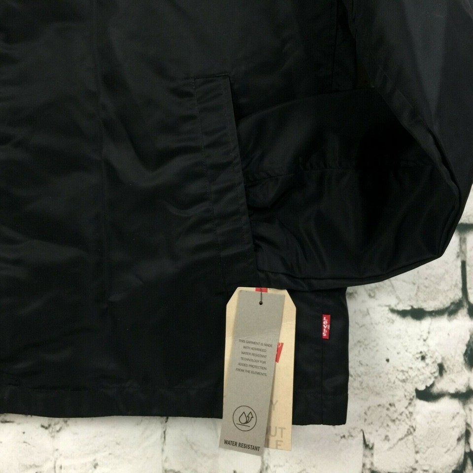 LEVI'S Mens LG Hooded Coaches Rain Jacket Black Water Resistant Street ...