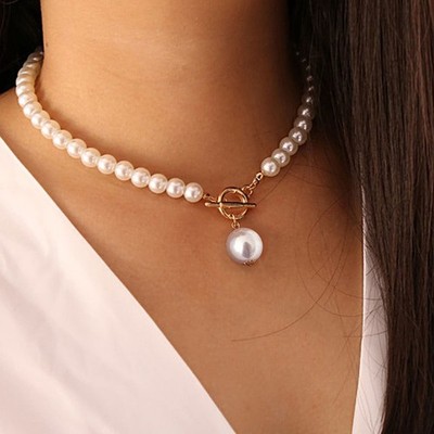 Pearl Imitation White String Strand Toggle T Bar Beaded Necklace ...