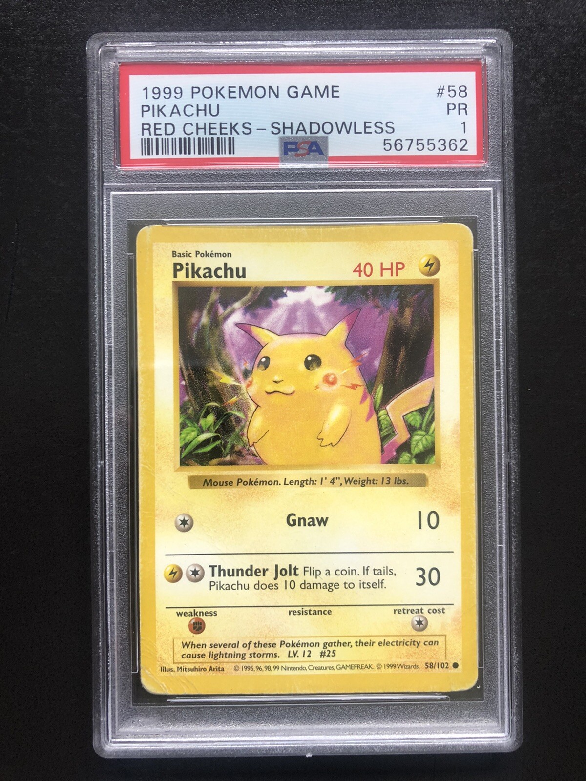 PSA 1 - Pokemon Red Cheeks Shadowless Pikachu - Base Set 58/102 - WOTC ...
