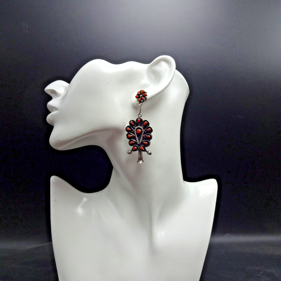 TOM LONG Navajo VINTAGE SterlingSilver OLD RED MED CORAL Squash Blossom ...