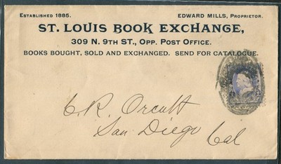 1890 St. Louis MO Book Exchange Cover to Naturalist C.R. Orcutt San ...
