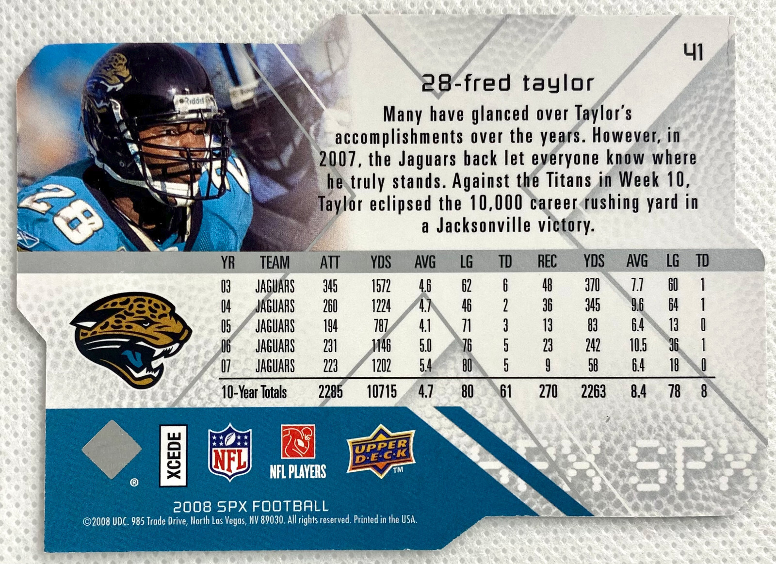 2008 Upper Deck SPx Football Fred Taylor Card #41 Hologram Die-Cut NFL ...