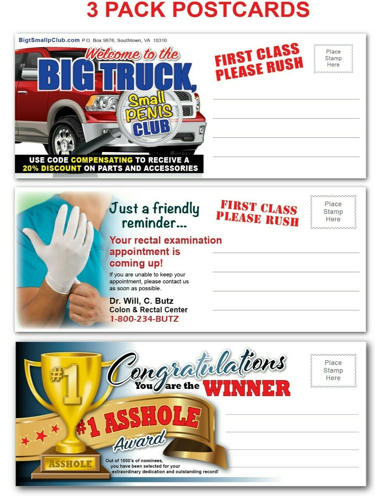 3 PACK - Adult PRANK Mail Postcards - FUNNY Joke Revenge Gag Gift Truck ...