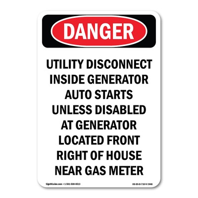 Utility Disconnect Inside Generator ANSI Danger Sign Metal Plastic ...