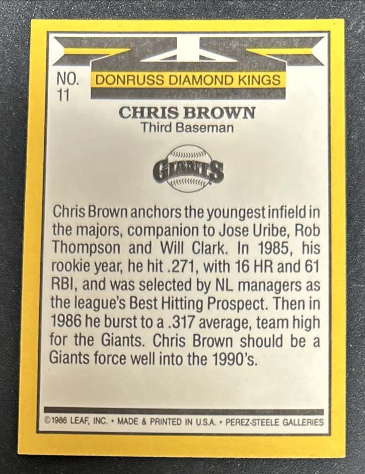1987 Donruss Diamond Kings Chris Brown Baseball Card #11 Giants 3B VG O ...