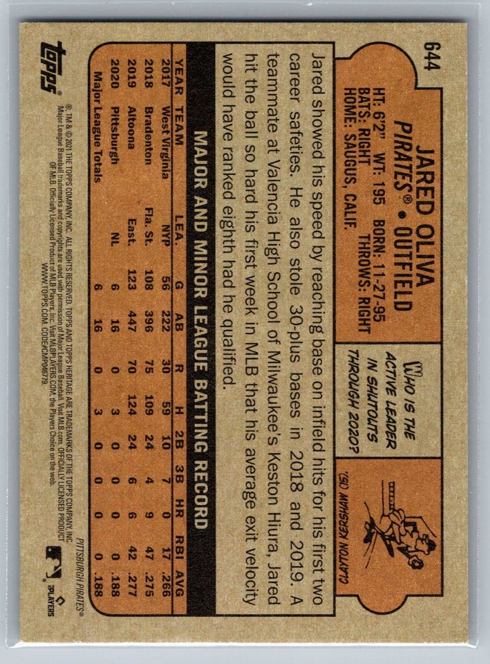 2021 Topps Heritage Baseball #644 Jared Oliva RC Pittsburgh Pirates | eBay