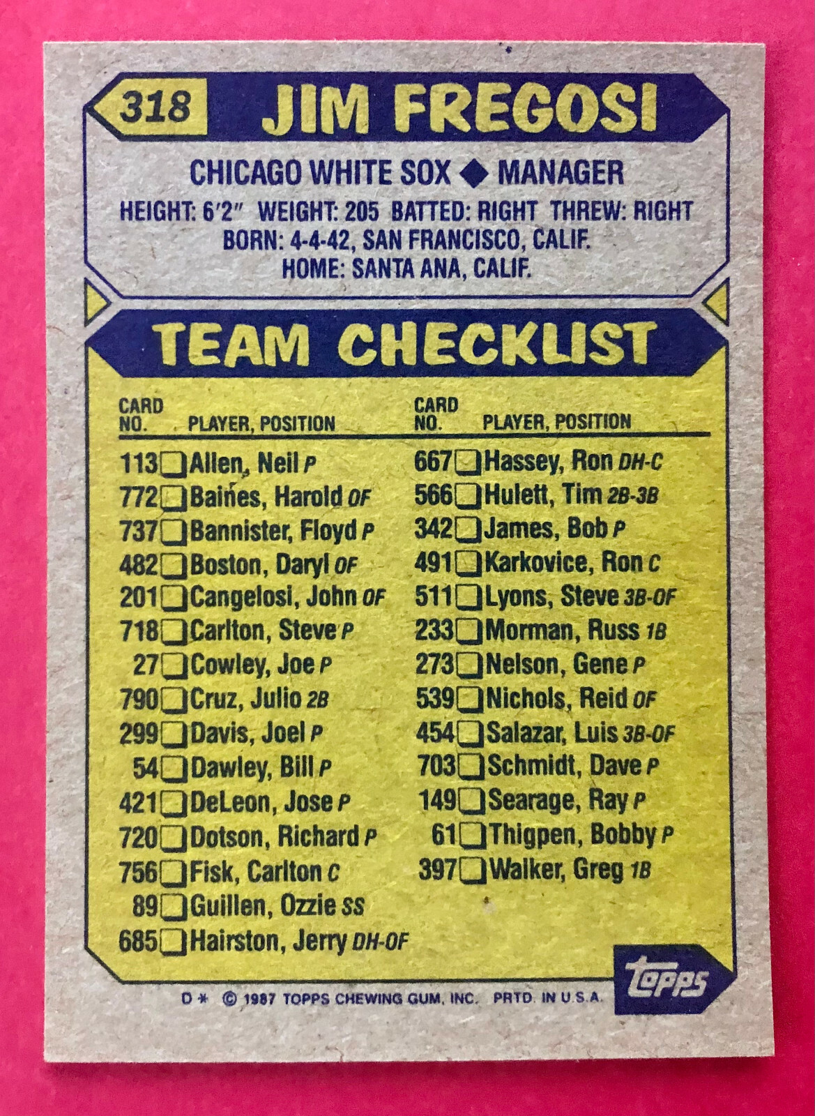 1987 Topps Jim Fregosi #318 Baseballkarte/Manager/Chicago White Sox | eBay