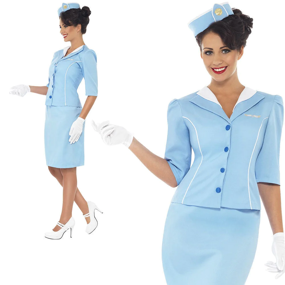 Adult Ladies Blue Air Hostess Cabin Crew Stewardess Fancy Dress Costume ...