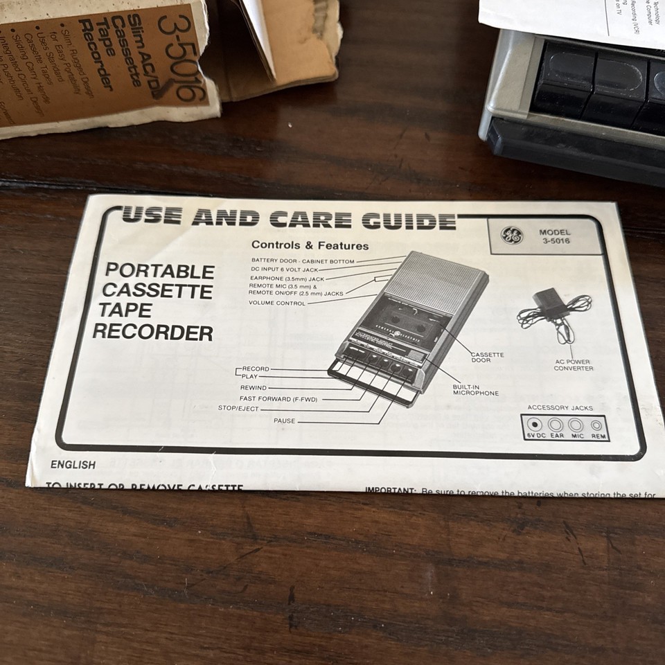 GE #3-5016C Cassette Tape Player Recorder PARTS ONLY & Box Instructions ...