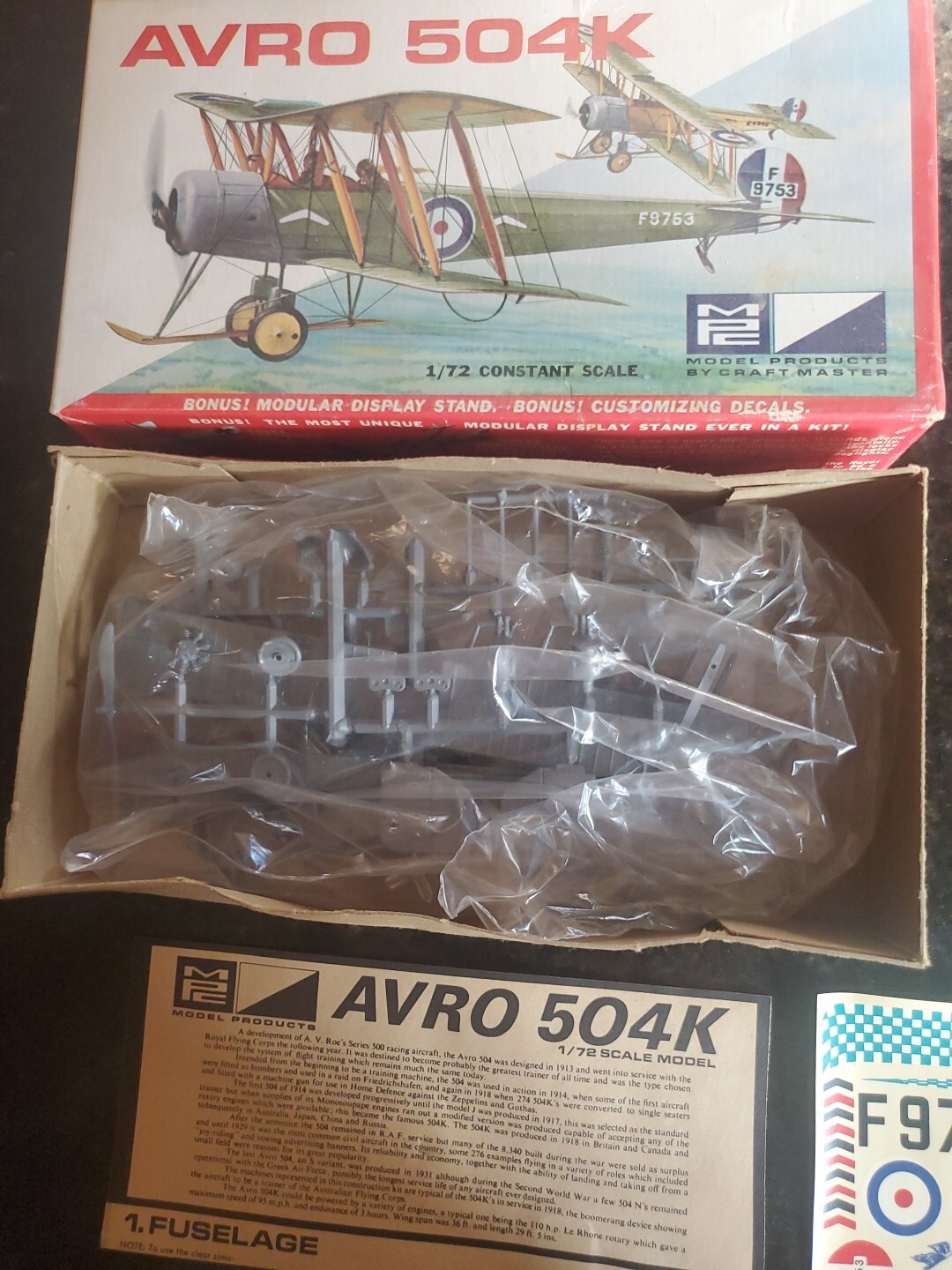 MPC Avro 504K 1:72 Plastic Model Kit #5005-50 Complete 1970 Vintage New ...