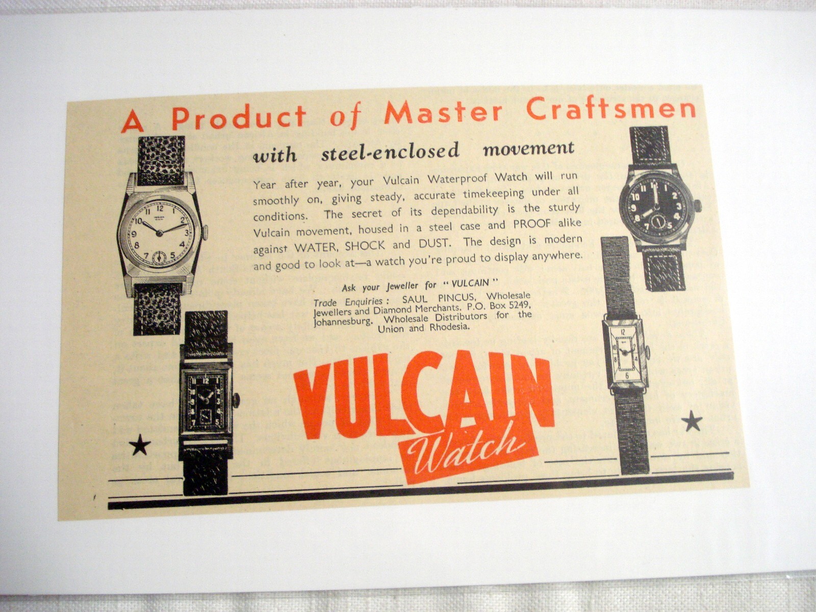 1945 South Africa Ad Vulcain Watch With Steel-Enclosed Movement | eBay