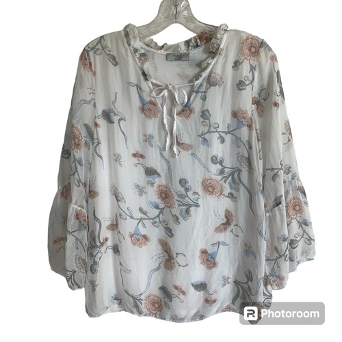 Angela Moda Italy Womens Size S Silk White Blue Gray Pink Floral Print ...