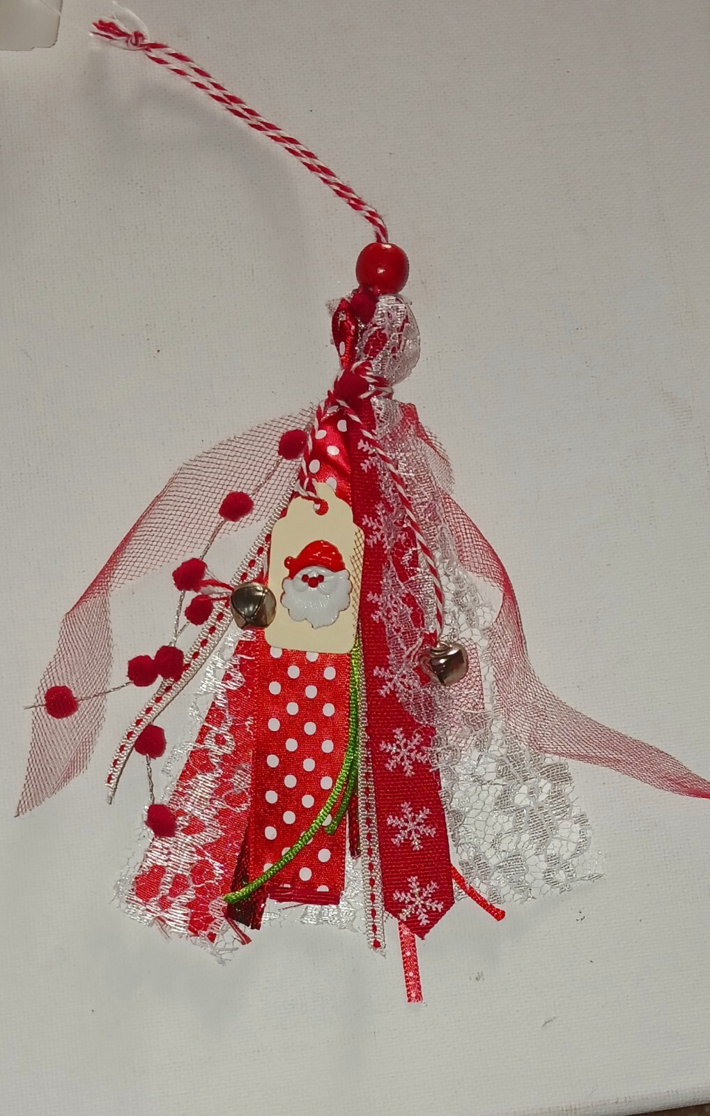 Tassel Christmas Ornament Resin Santa Face Tag Charm/ Red & White Lace ...