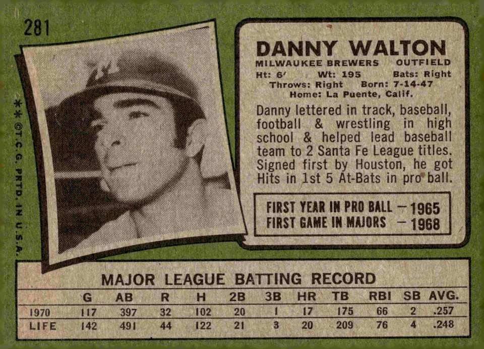 1971 Topps Danny Walton #281 - Milwaukee Brewers | eBay