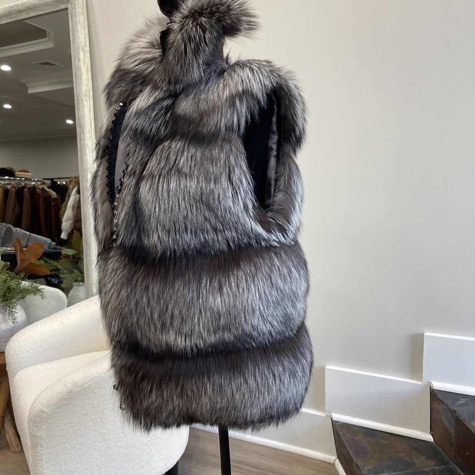 Natural Silver Fox Fur Vest Swarovski Crystal Zipper L NWT | eBay