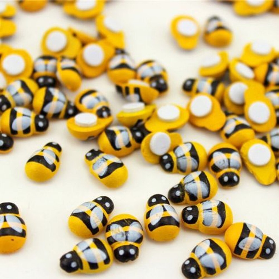 100pcs Mixed Mini Bees Self Adhesive Wooden Bumble Bee Craft Card Wood ...