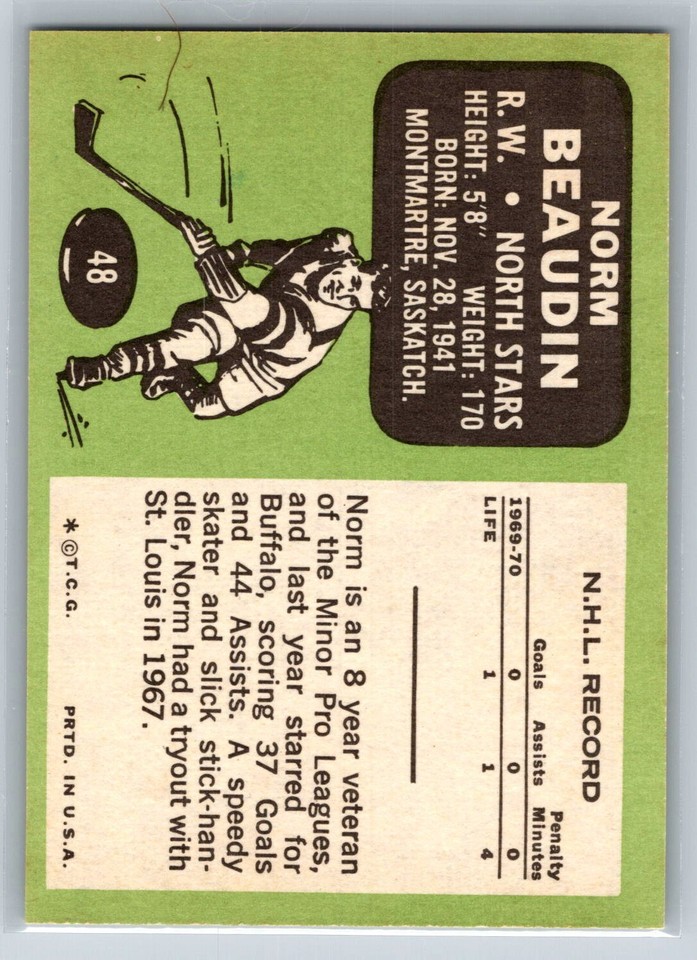 1970 Topps #48 Norm Beaudin Vintage Hockey Card HIGH END! | eBay