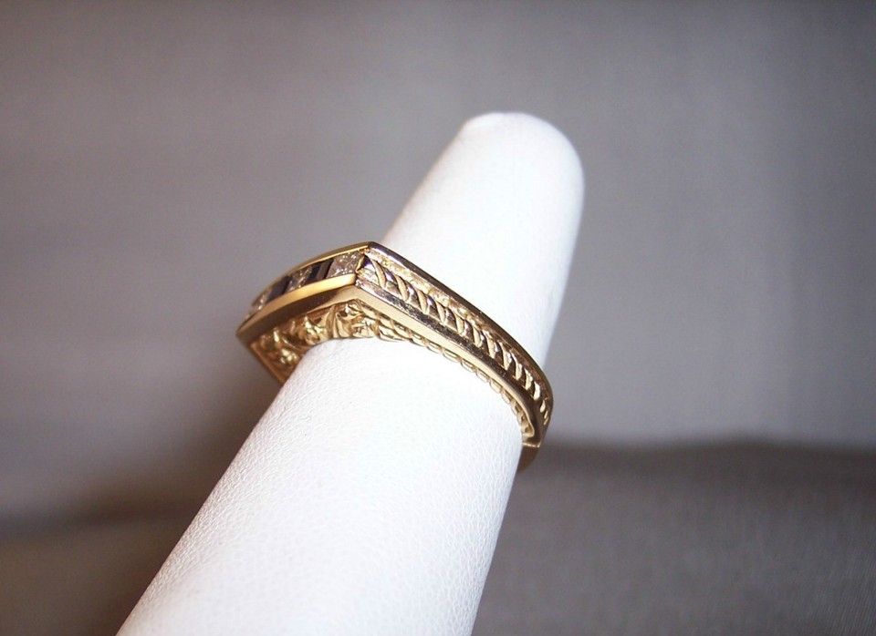 14k yellow gold ornate DIAMOND Princess Cut & Blue SAPPHIRE ring size 6 ...