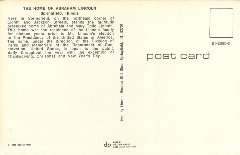 ABRAHAM LINCOLN HOME HOUSE NE CORNER SPRINGFIELD ILLINOIS POSTCARD | eBay