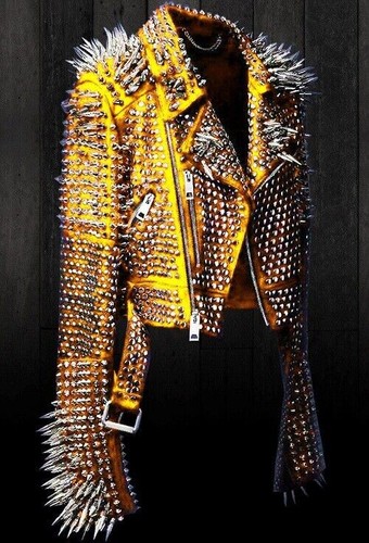 New Unisex Punk Rock Full Long Spiked Studded jacket Yellow Leather ...