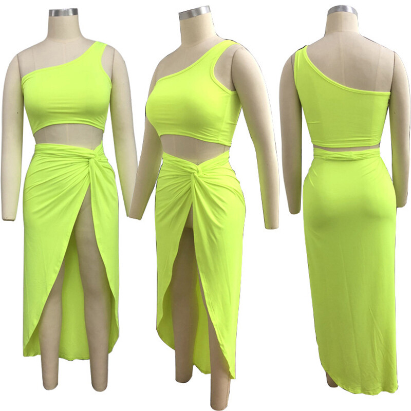 Summer Neon Color Two Piece Set Dress for Women Shoulder Tops Side ...