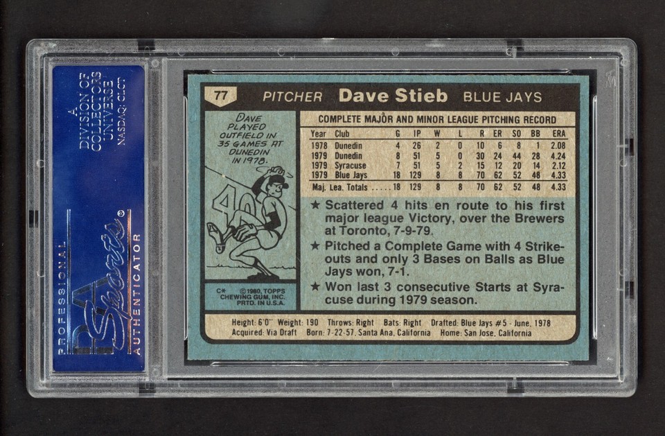 1980 TOPPS #77 DAVE STIEB ROOKIE CARD PSA 9 MINT | eBay