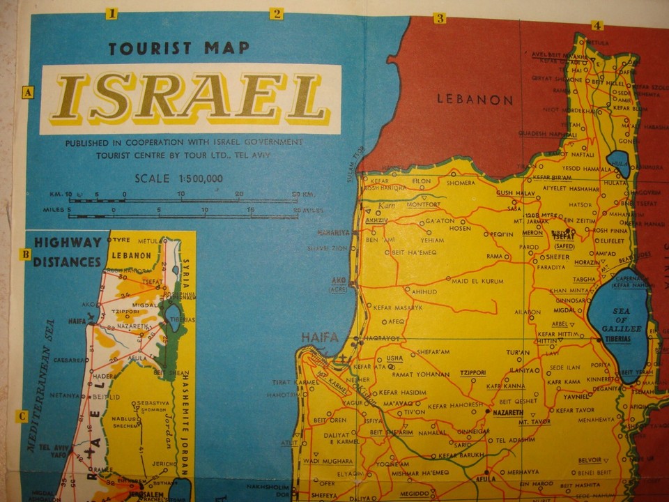 1950s-60s ISRAEL Tourist Map Pre Six Day War Lines PILGRIM Holy Land | eBay