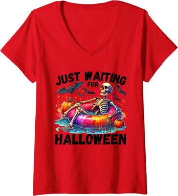 Funny Just Waiting For Halloween Skeleton Spooky Ladies' V-Neck Tshirt ...