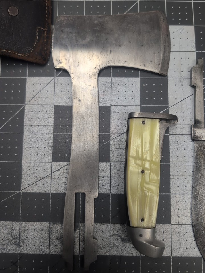 Vintage Western Knife & Ax Hatchet Combo~Yellow Pearl Handle w/Sheath ...