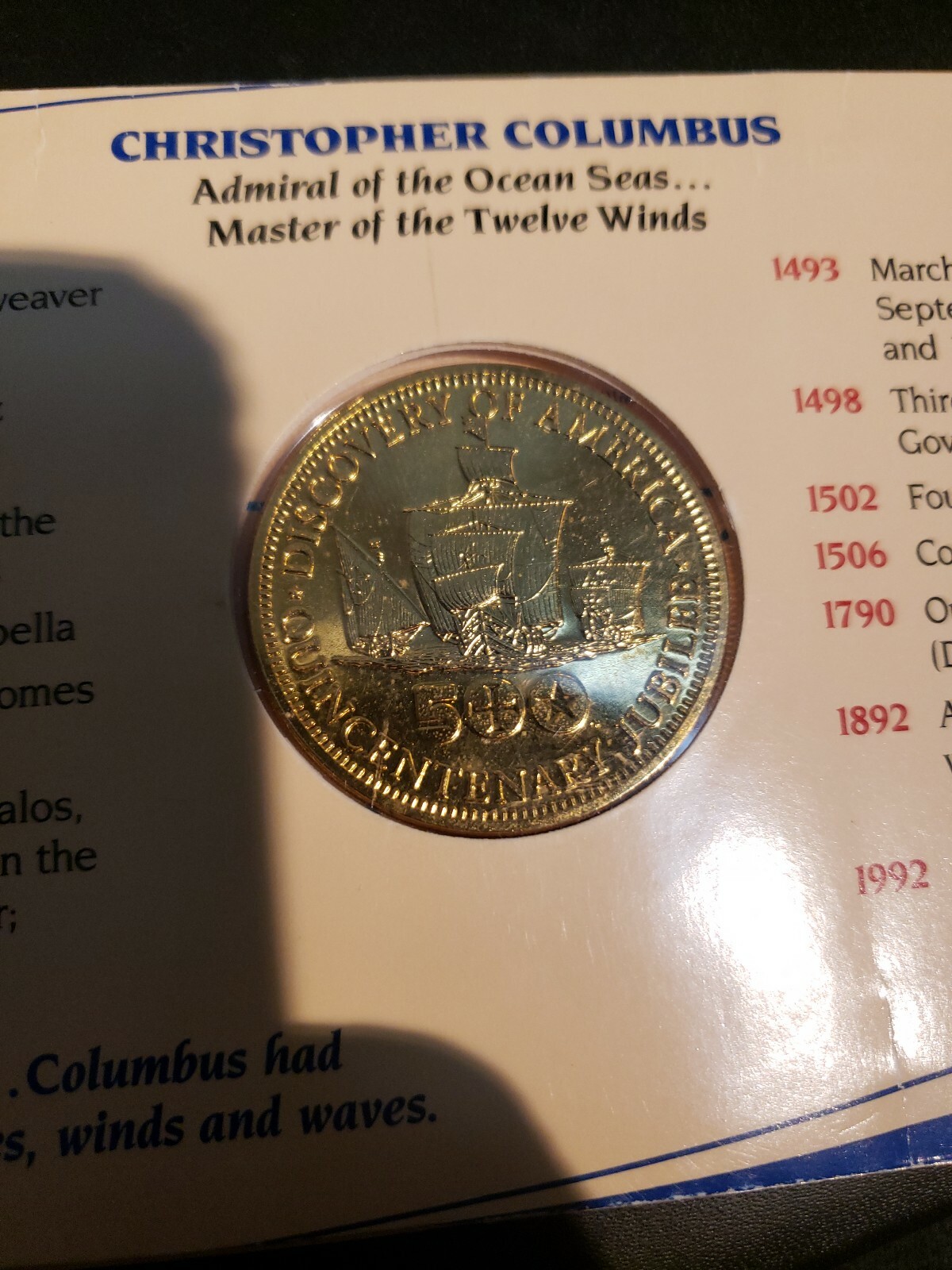CHRISTOPHER COLUMBUS 500 YEAR COMMEMORATIVE MAP & MADALLION SET WITH ...