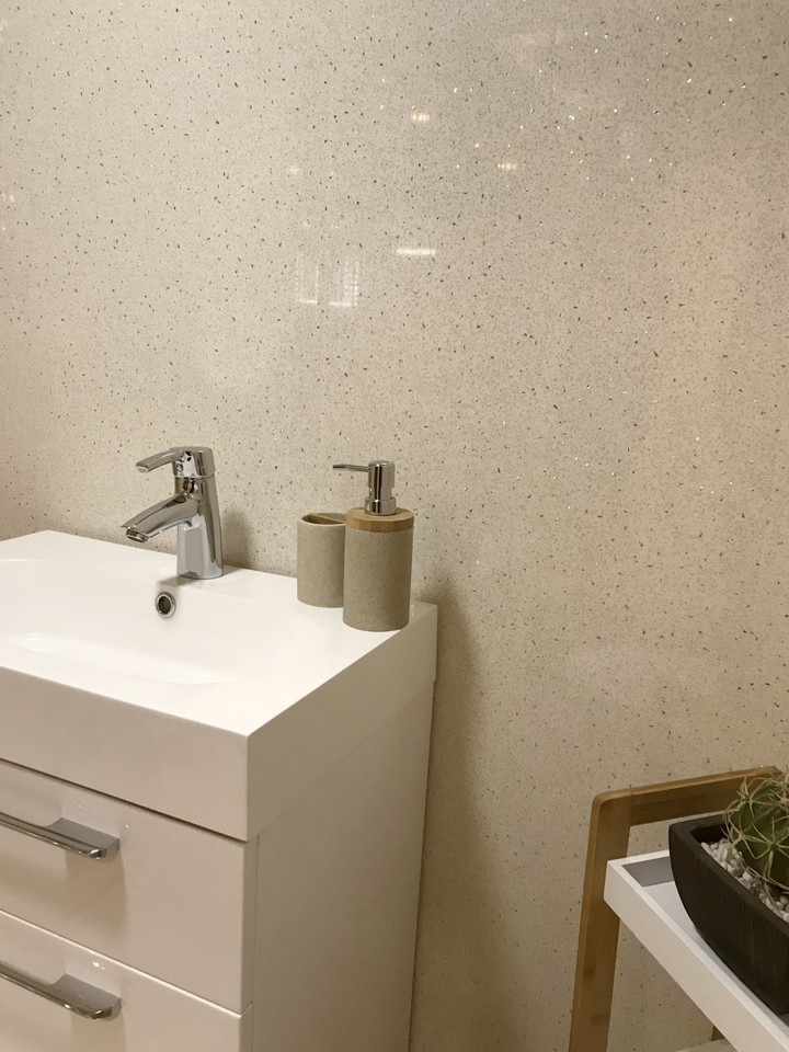 Beige Sparkle 8mm PVC Bathroom Cladding Shower Wet Wall Panels Glitter Effect | eBay UK