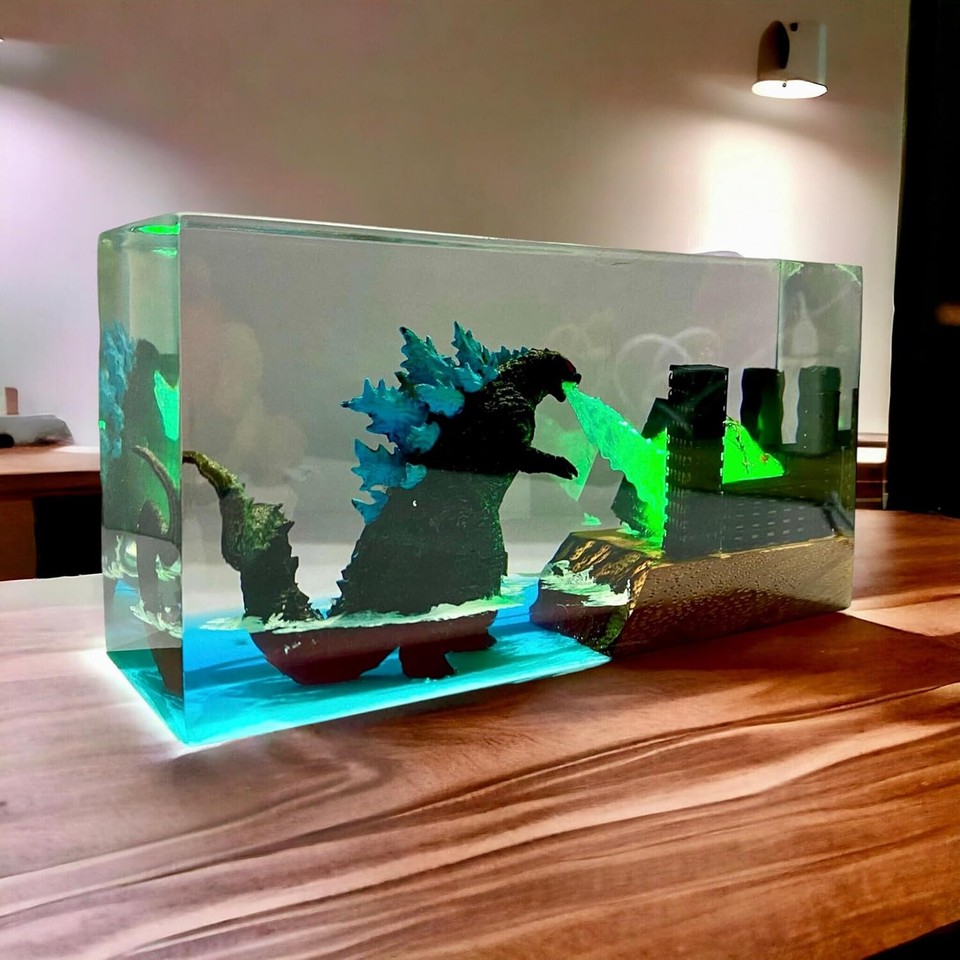 Godzilla Monster Diorama Epoxy Resin Lamp Night Light Handmade Home ...