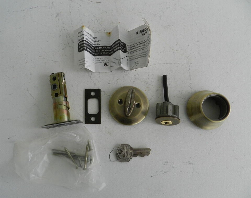 KWIKSET DEADLOCK Keyed Deadbolt Lock Set Entry Kw1 Antique Brass Finish ...