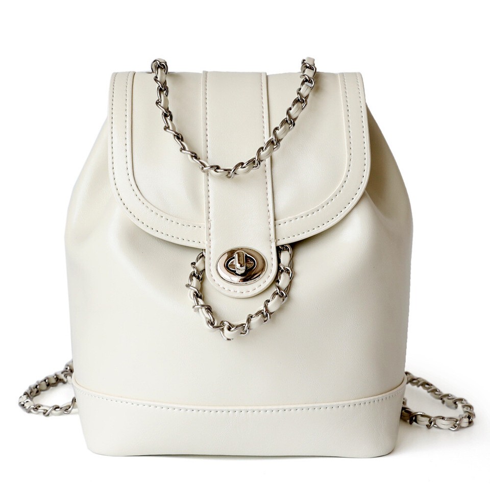 Small Mini Real Leather Drawstring Bucket Flap Backpack Purse w/ Chain ...