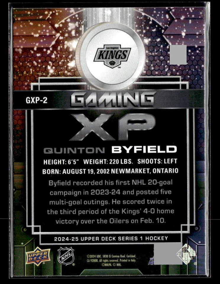 2024-25 Upper Deck #GXP-2 Quinton Byfield Gaming XP Card Los Angeles ...
