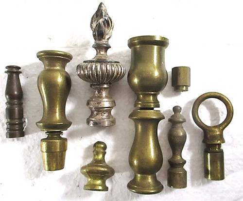 8 OLD BRASS LAMP FINIALS, DIFFERENT SHAPES, DIMENSIONS, 1 FANCY SILVER ...