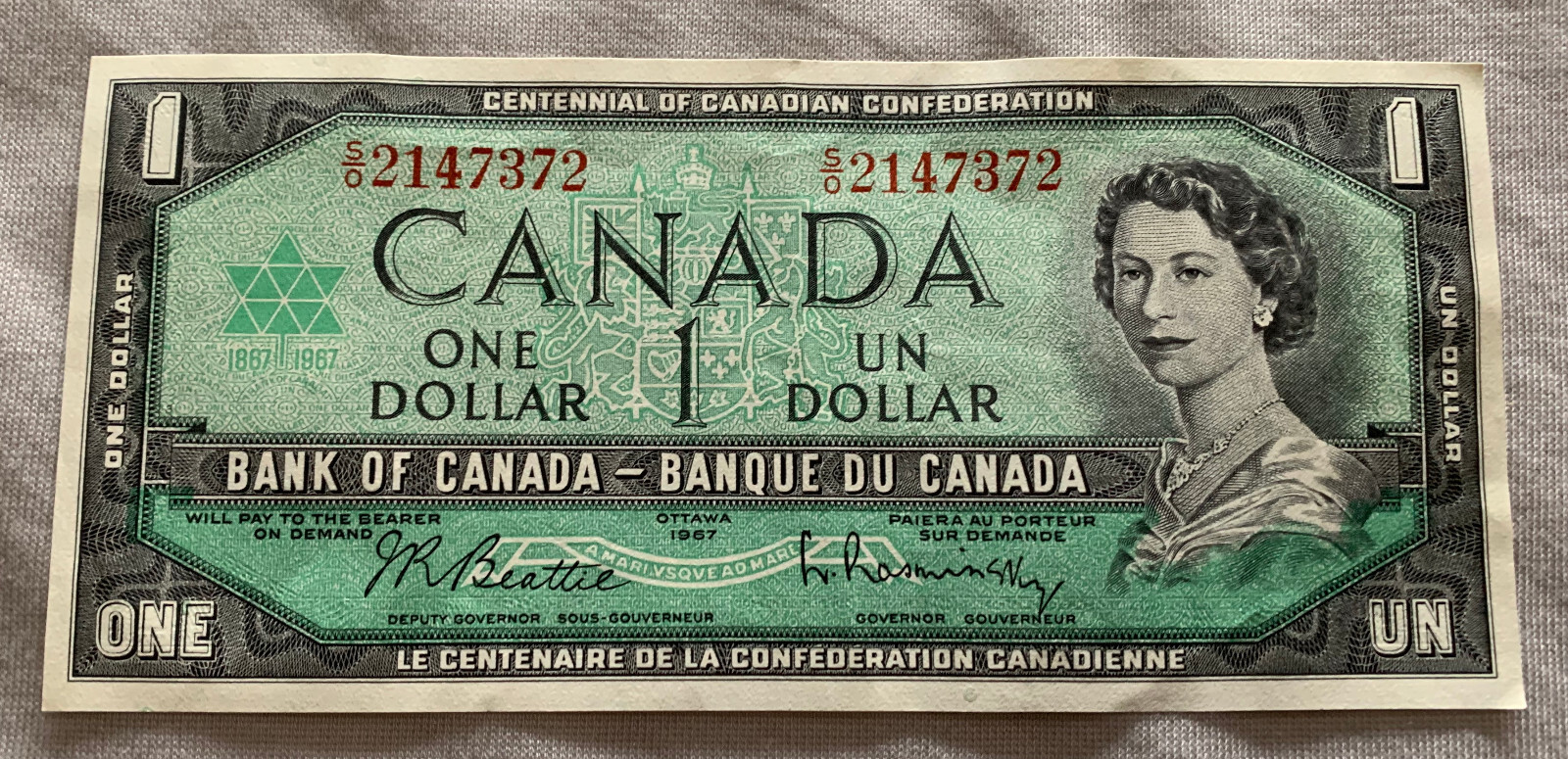 Canada 1967 $1 Bill Beattie Raminsky One Dollar Bank Note Serial Number ...
